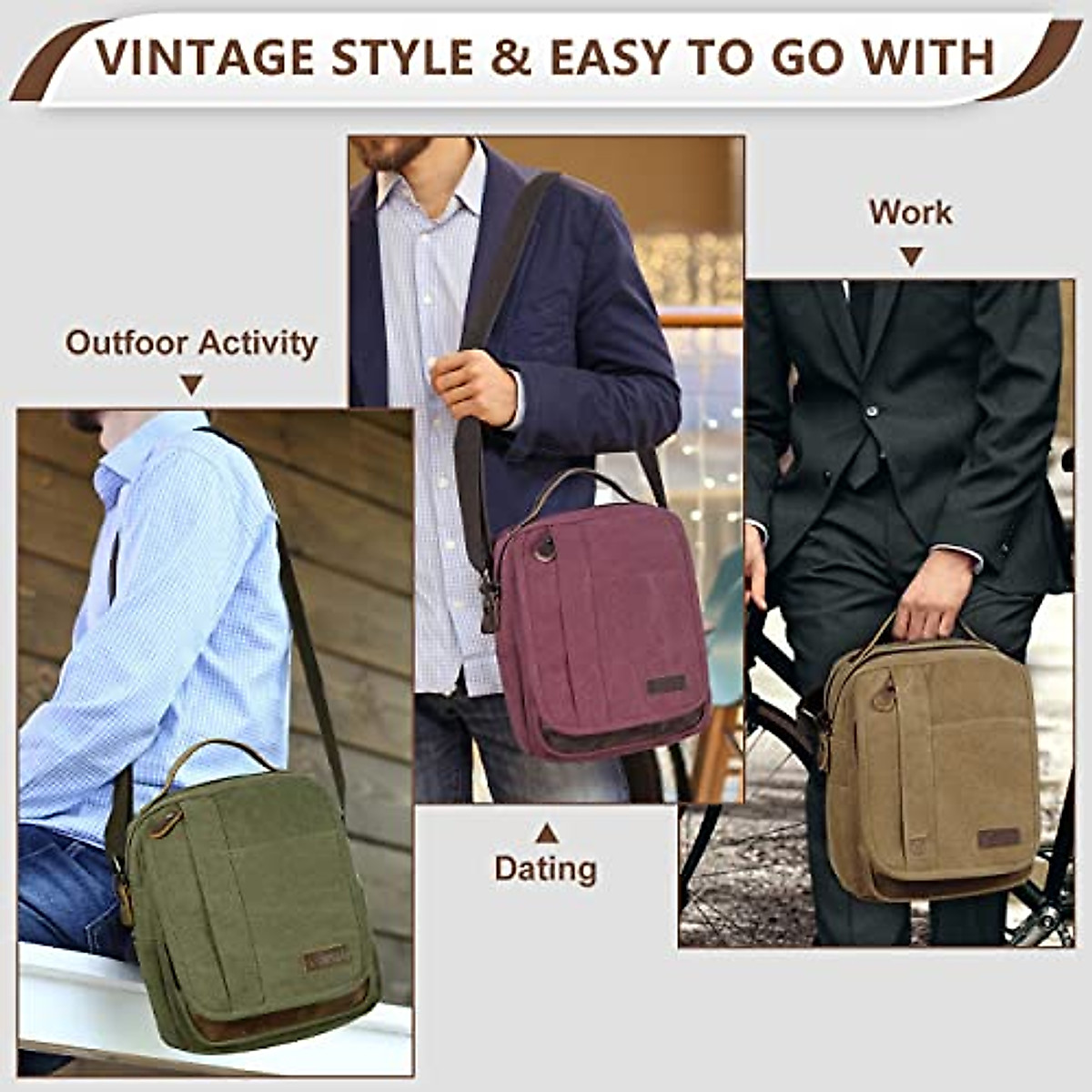 VASCHY Messenger Bag Small, Canvas Water Resistant Crossbody Shoulder Bag Purse for Men and Women Green