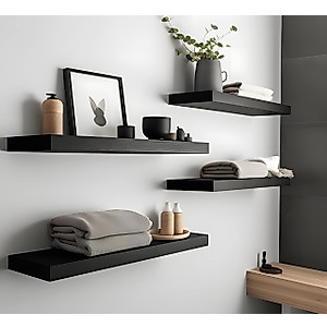 IKJZIZP Rustic Farmhouse Floating Shelves for Wall Decor Storage Wood Wooden Wall Shelves for Bedroom Bathroom Kitchen Living Room - Black Set of 4