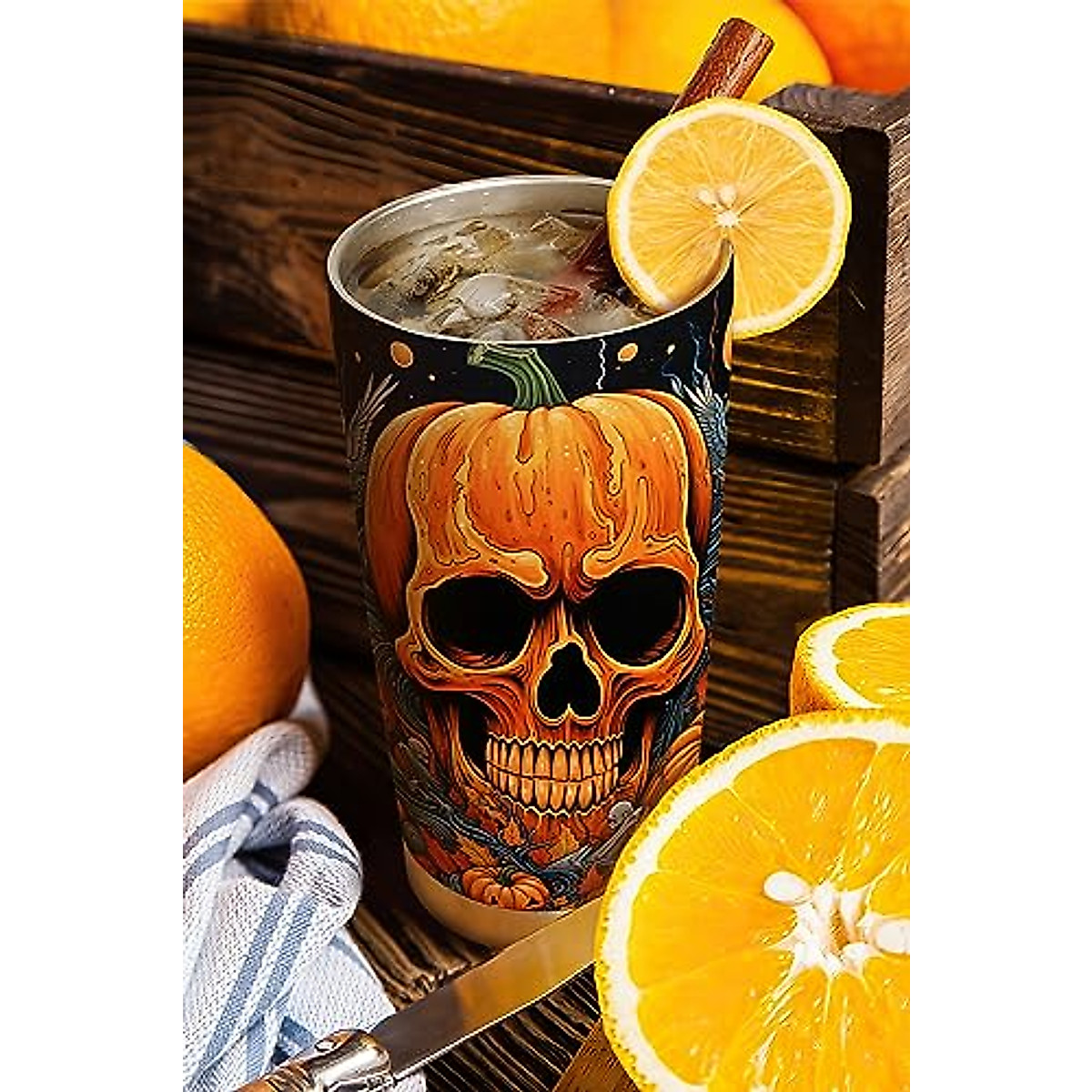 ORCAE 20oz Halloween Tumbler, Skull Tumbler, Halloween Pumpkin Skull Tumbler Cup, Insulated Travel Mug with Lid, Coffee Thermos for Men, Women, Halloween Gifts - D
