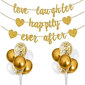 15Pcs Love Laughter and Happily Ever After Banner Gold- Wedding Shower Decorations, Bridal Shower Decorations, Bachelorette, Bridal & Engagement Party Decorations (Pre-Strung Signs)