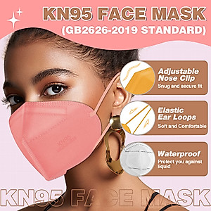 XDX KN95 Face Masks, 60PCS Individually Wrapped KN95 Pink Masks for Adults, 5 Layer Breathable Masks Disposable with Designs, Filter Efficiency ≥95%, Dusty Rose