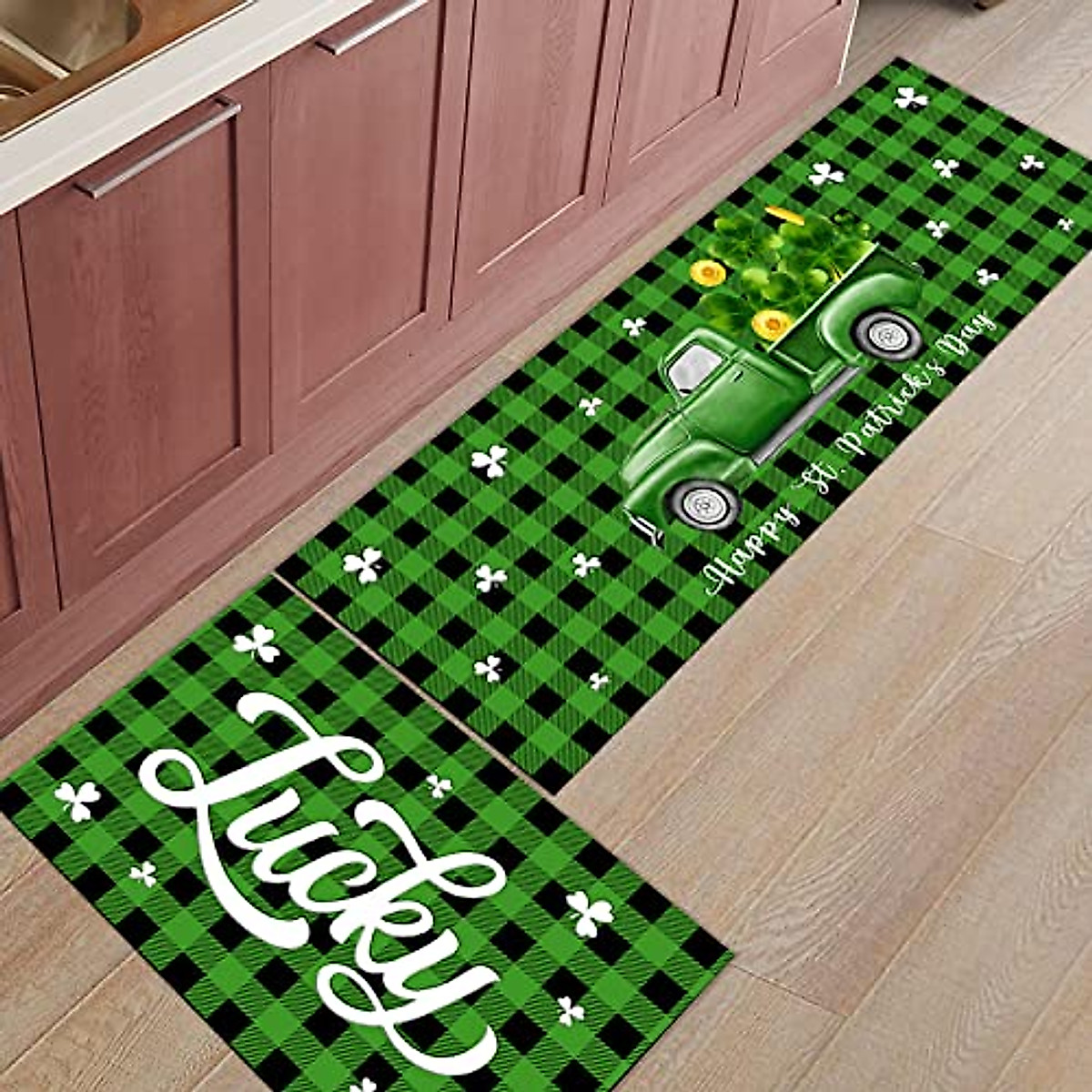 Arts Print Lucky Shamrocks Kitchen Rug Mat Set of 2,St.Patrick's Day Truck Black Green Buffalo Plaid Runner Rug,Non-Slip Durable Kitchen Floor Mat for Sink,15.7x23.6Inch+15.7x47.2Inch