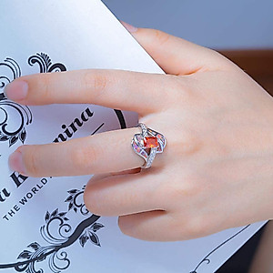 CiNily Orange Opal Rings for Women White Gold Plated Zircon Created Garnet Birthstone Women's Ring Size 8