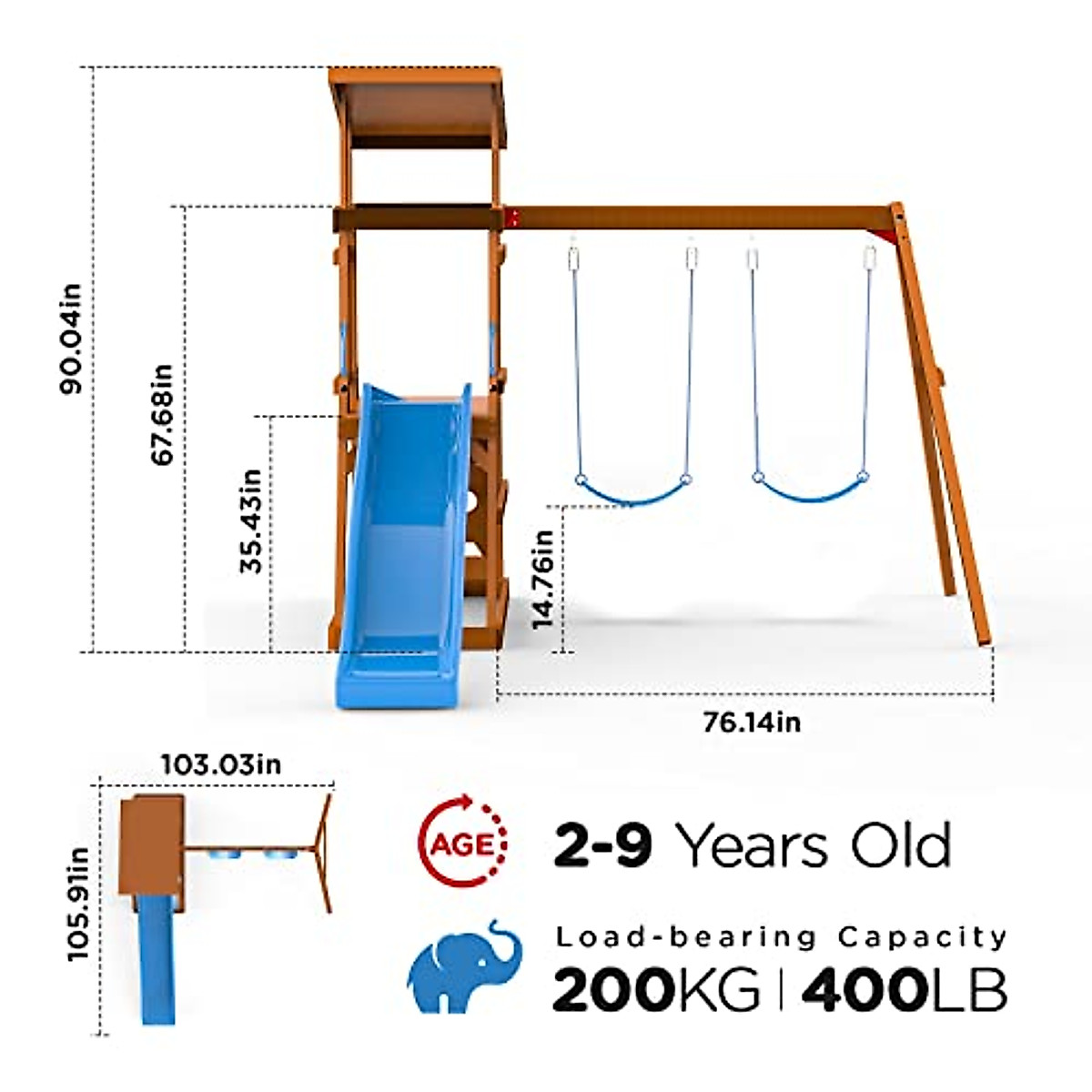 Dolphin Playground Wooden Swing Sets for Backyard with 6FT Slide, Outdoor Playset for Kids with Sand Pit, Climbing Wall, and 2 Belt Swings, Heavy Duty Playground Accessories, Ages 2-9
