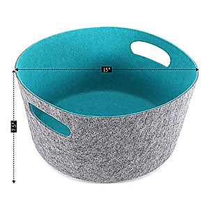 Welaxy Large Storage Basket Felt Open Storage Bins Desk Organize bin Shelf Box with Handles for Magazines Books Junk Kids Toys Pet Toy Clothes Laundry Organizing Round(Turquoise)