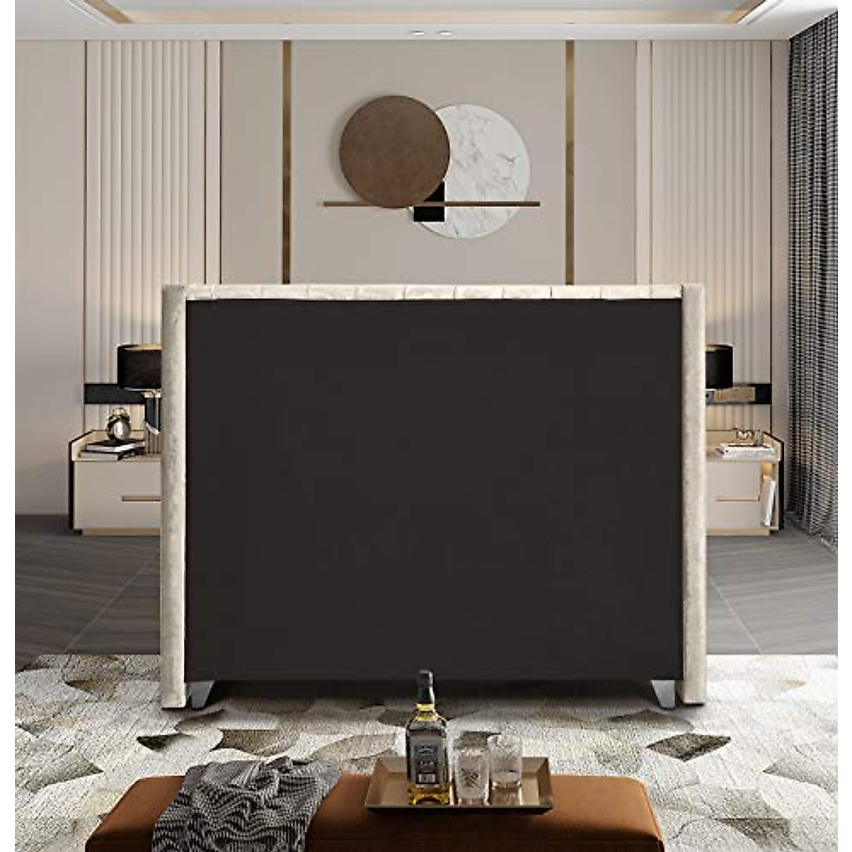 Meridian Furniture Aiden Collection Modern | Contemporary Velvet Upholstered Bed with Deep Button Tufting, Solid Wood Frame, and Custom Chrome Legs, Full, Cream