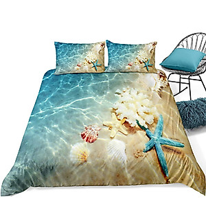 Bedbay Beach Queen Duvet Cover Set,Coastal Bedding Set Queen,Teen Girls Boys Starfish Beach Decor 3 Pieces Microfiber Quilt Cover,Beach Themed Bedding Set for Summer (Turquoise,Queen)