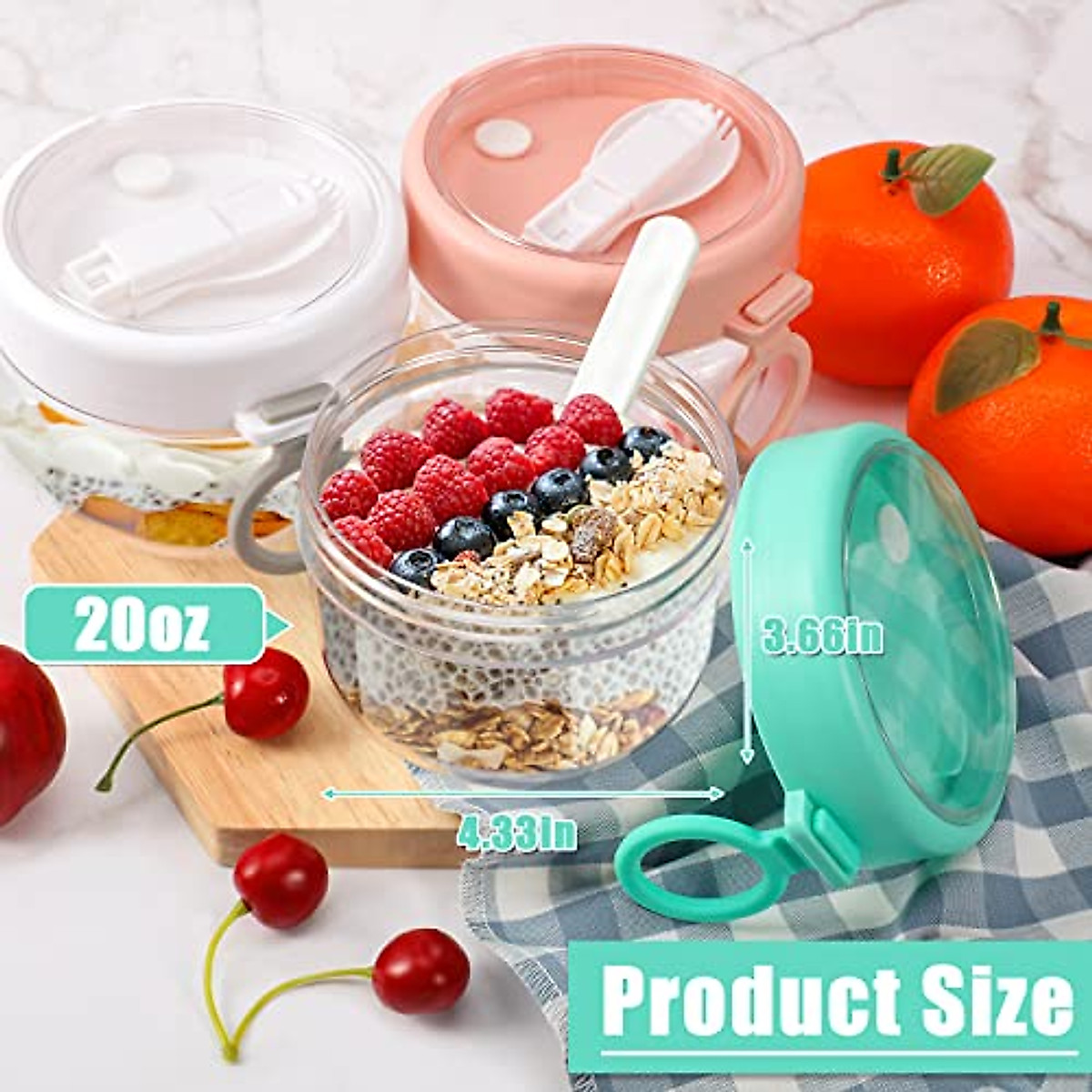 6 Pcs Overnight Oats Containers with Lids and Spoons 20 Oz Plastic Yogurt Leakproof Oatmeal Salad Jars with Lids Smoothie Prep Containers Cups for Food Storage, 3 Colors