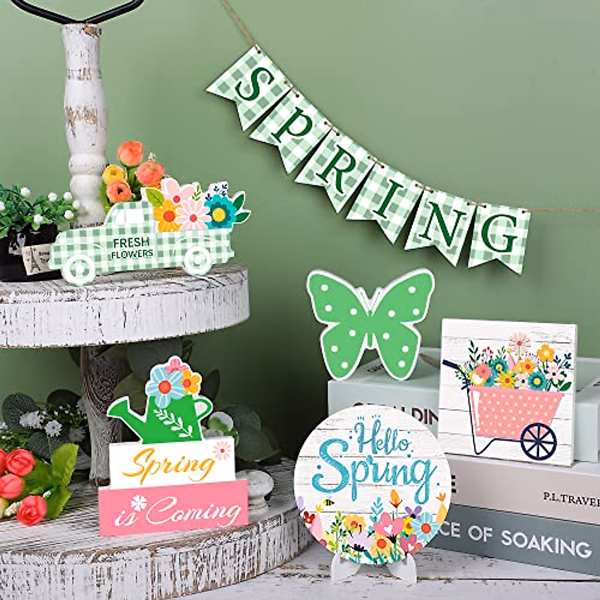 12 PCS Spring Tiered Tray Decor Set Flowers Mini Wood Signs Hello Spring Wooden Table Signs Flowers Butterfly Truck Wood Decors with Holder for Spring Party Supplies Home Table Centerpieces