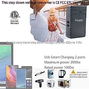 Powerjc Travel Voltage Converter Adapter Power Step Down 220V to 110V 2000W with 2 Outlets and 2 Smart USB Charging Ports Black