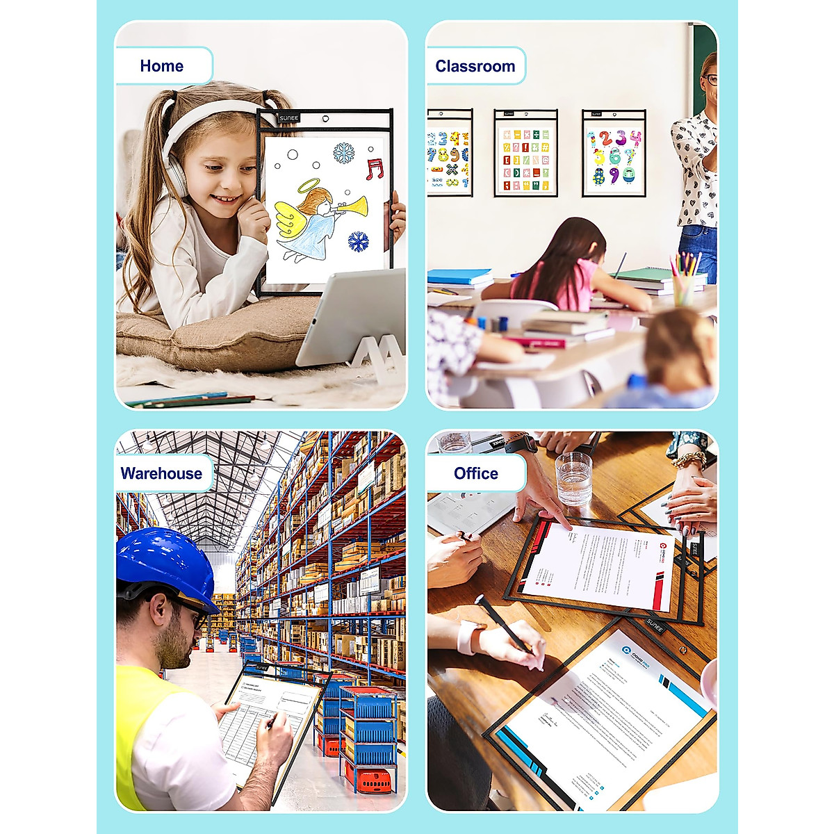 SUNEE 30 Packs Oversized Reusable Dry Erase Pocket Sleeves with 2 Rings, Black 10x14 Ticket Holders, Clear Plastic Sheet Protectors, Teacher School Classroom Supplies