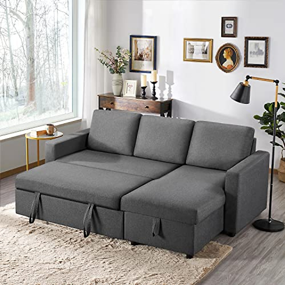 Yaheetech Sectional Sofa L-Shaped Bed w/Chaise, Reversible Couch Sleeper w/Pull Out Bed & Storage Space, 4-seat Fabric Convertible Sofa, Suitable for Living Room Dark Gray