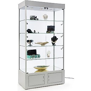 Displays2go, Tall Glass Showcase, Aluminum, Tempered Glass, Melamine – Silver, Clear (SMPLTW02SV)