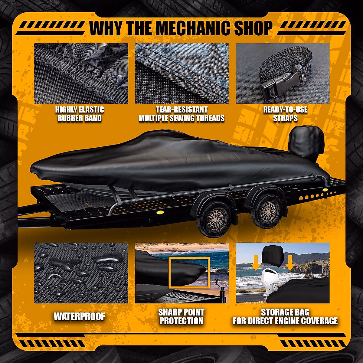 TMS 19 Ft Boat Cover with 96 Inch Beam Width for Bass Boat, Jon Boat, V-Hull Boat, Tri-Hull Boat, Fishing Runabouts, 8000 Pa Full Boat Hull Protection (Black)