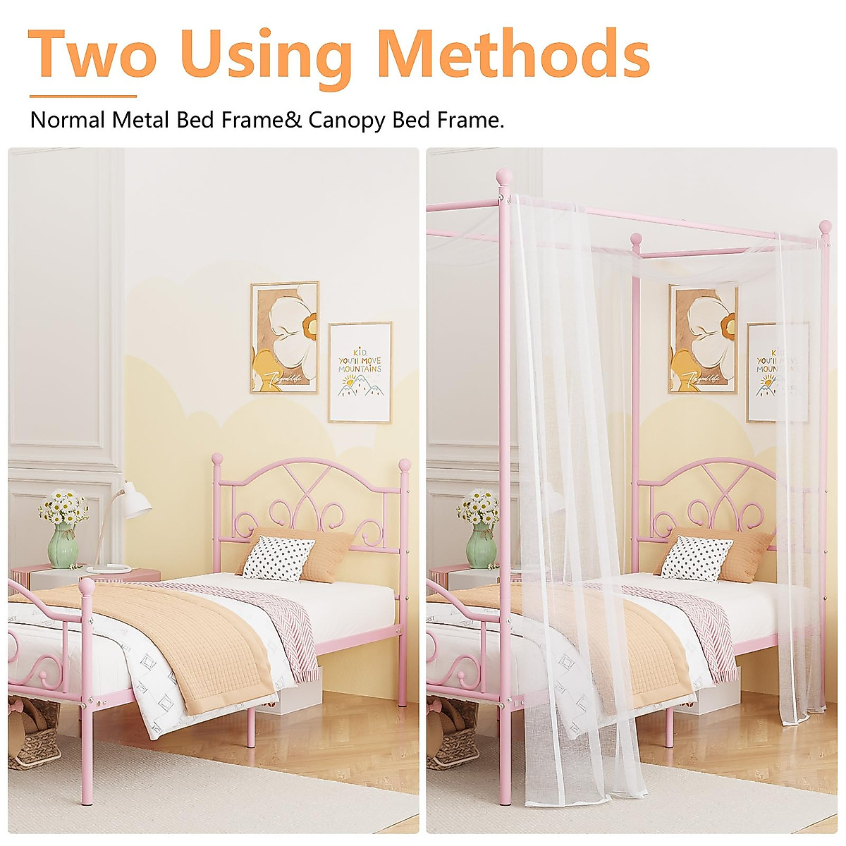 Weehom Princess Canopy Bed Frame with 4 Posters, Sturdy Metal Platform Mattress Foundation with Headboard&Footboard No Box Spring Needed Twin Size Bed for Kids Girls Adults Pink