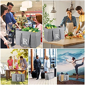 Reusable Grocery Bags Foldable, Large Can-vas Utility Tote Bag for Women, Reusable Shopping Bags for Groceries, Storage, Pool, Ini-tial Travel Bag, Personalized Mom Christmas Gifts w Card Gift Box S