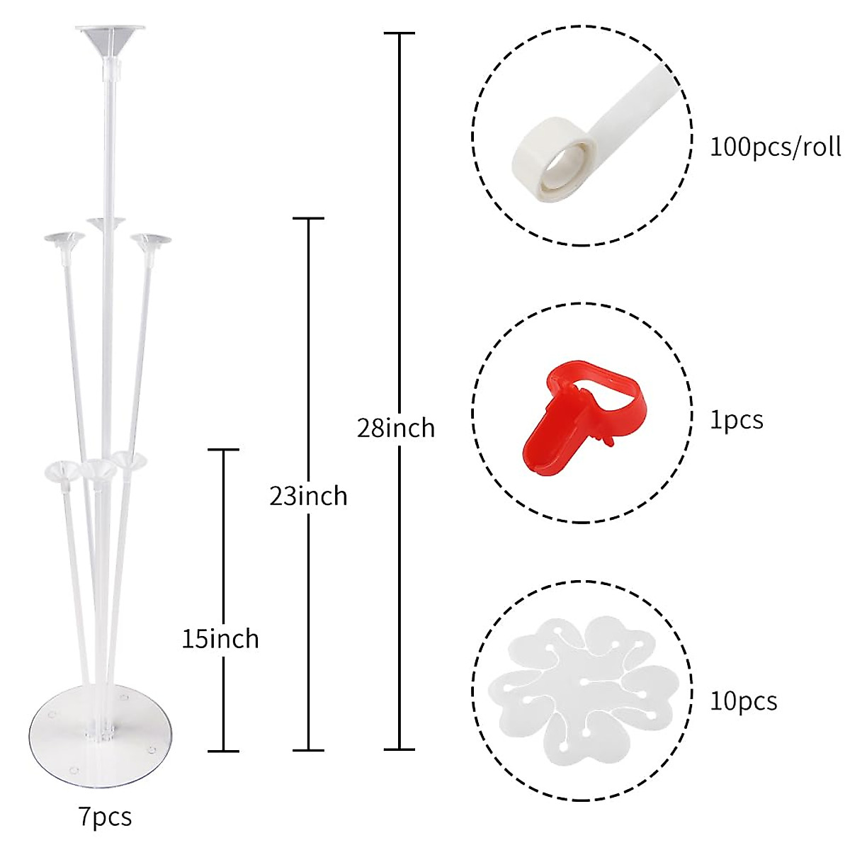 RUBFAC 7 Sets Balloon Stand Kits, Clear Balloon Holder for Table Including Glue, Tie Tool, Flower Clips, Balloon Sticks with Base for Birthday Wedding Party Centerpiece Table Decorations