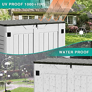 Greesum Outdoor Horizontal Resin Storage Sheds 34 Cu. Ft. Weather Resistant Resin Tool Shed, Extra Large Capacity Weather Resistant Box for Bike, Garbage Cans, Lawnmowe, with Divider, Grey