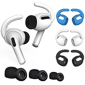 CANOPUS Replacement Earbud Tips and Ear Hooks, 3 Pairs of Black Anti-Slip Memory Foam Tips (S, M, L) + 3 Pairs (White, Black & Blue) of Ear Hooks, Compatible with Apple AirPods Pro