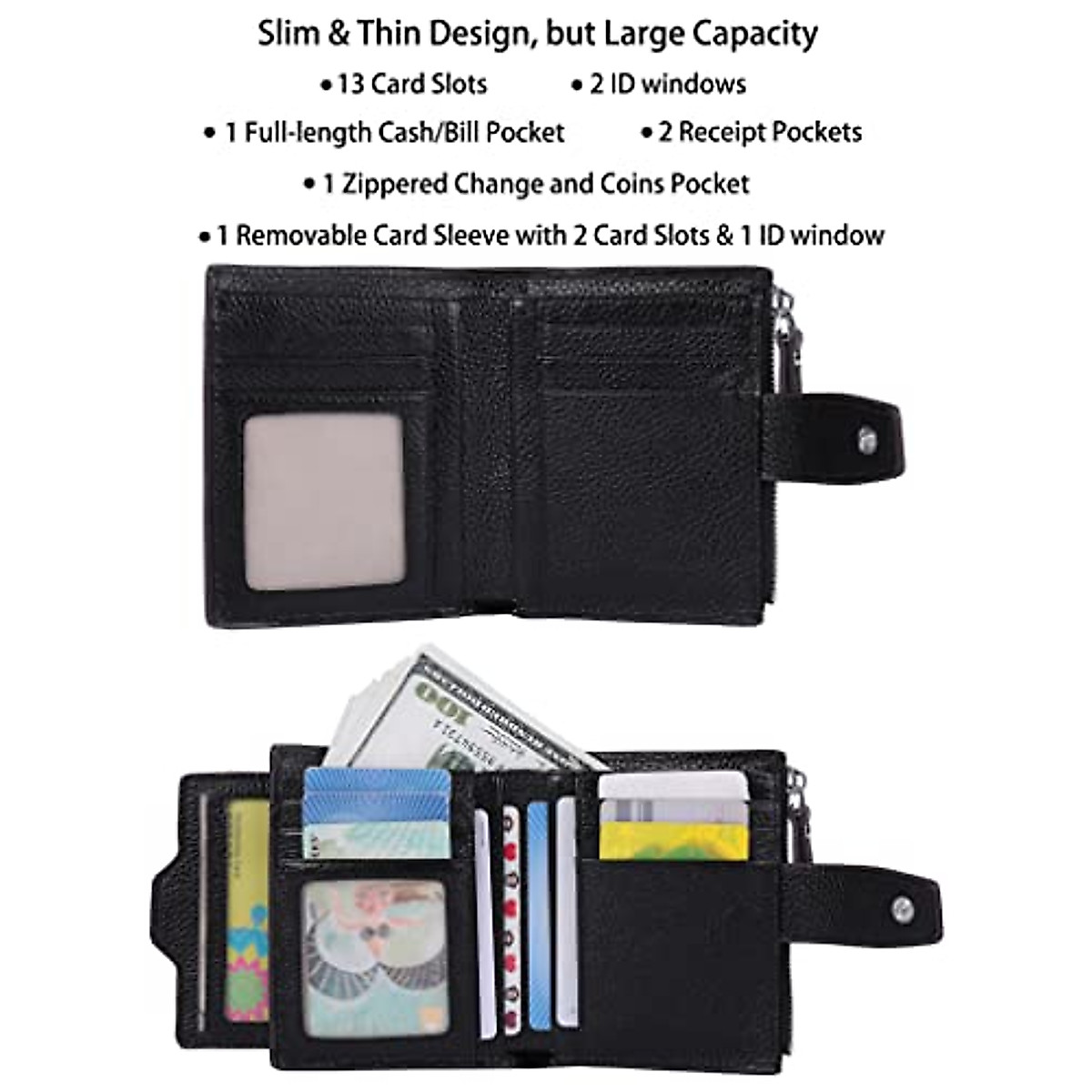 AINIMOER Women's RFID Blocking Leather Small Compact Bi-fold Zipper Pocket Wallet Card Case Purse with id Window (Lichee Black)
