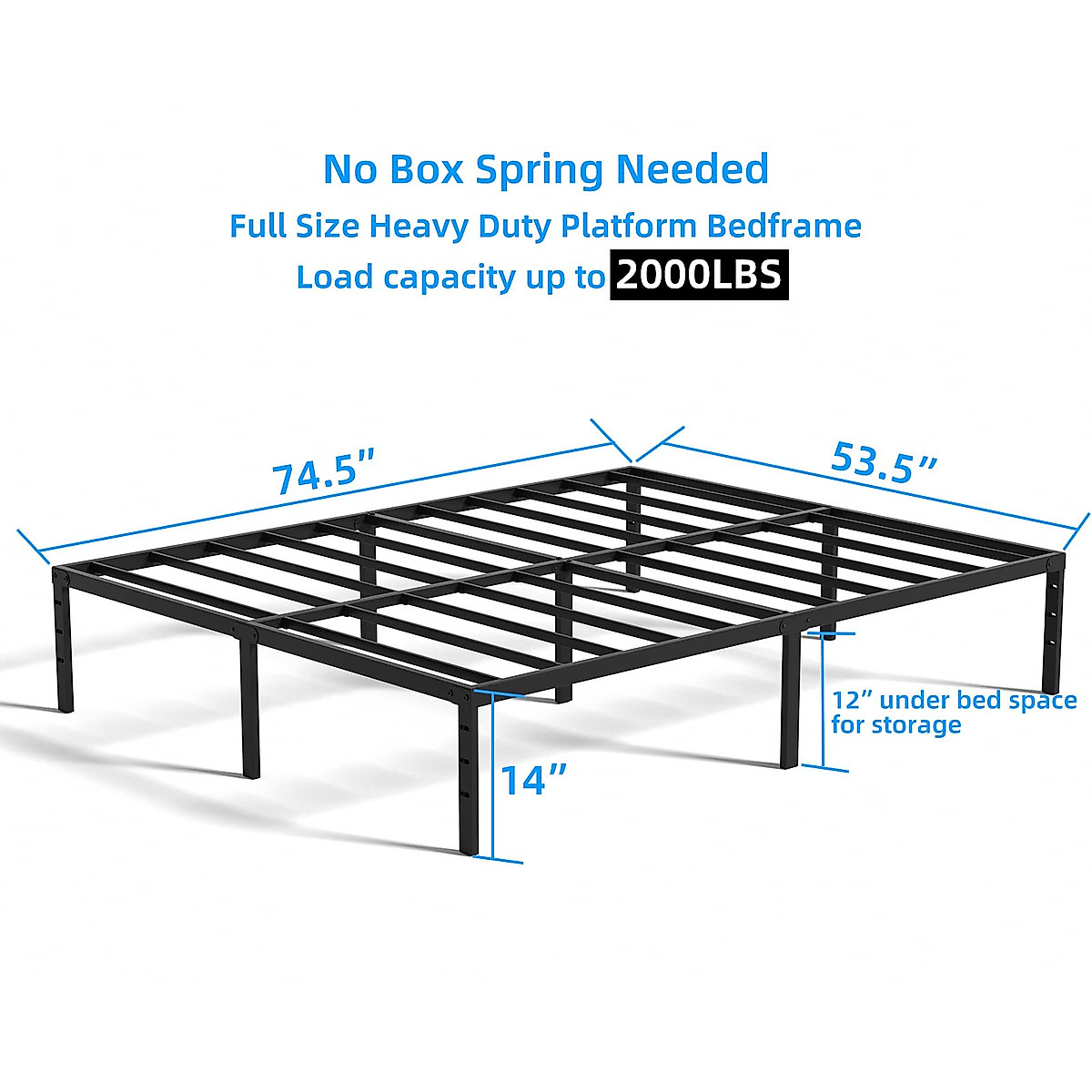 Meberam Full Size Bed Frame 14 Inch Heavy Duty Metal Platform Bed Mattress Foundation Support No Box Spring Need, Black