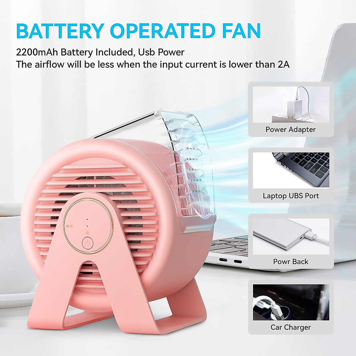 Misby Usb Small Desk Fan, Portable Fans with 3 Speeds Strong Airflow, 5.5 Inch Quiet Table Fan, 60° Rotate Personal Cooling Fan For Bedroom Home Office Desktop Travel (Pink)