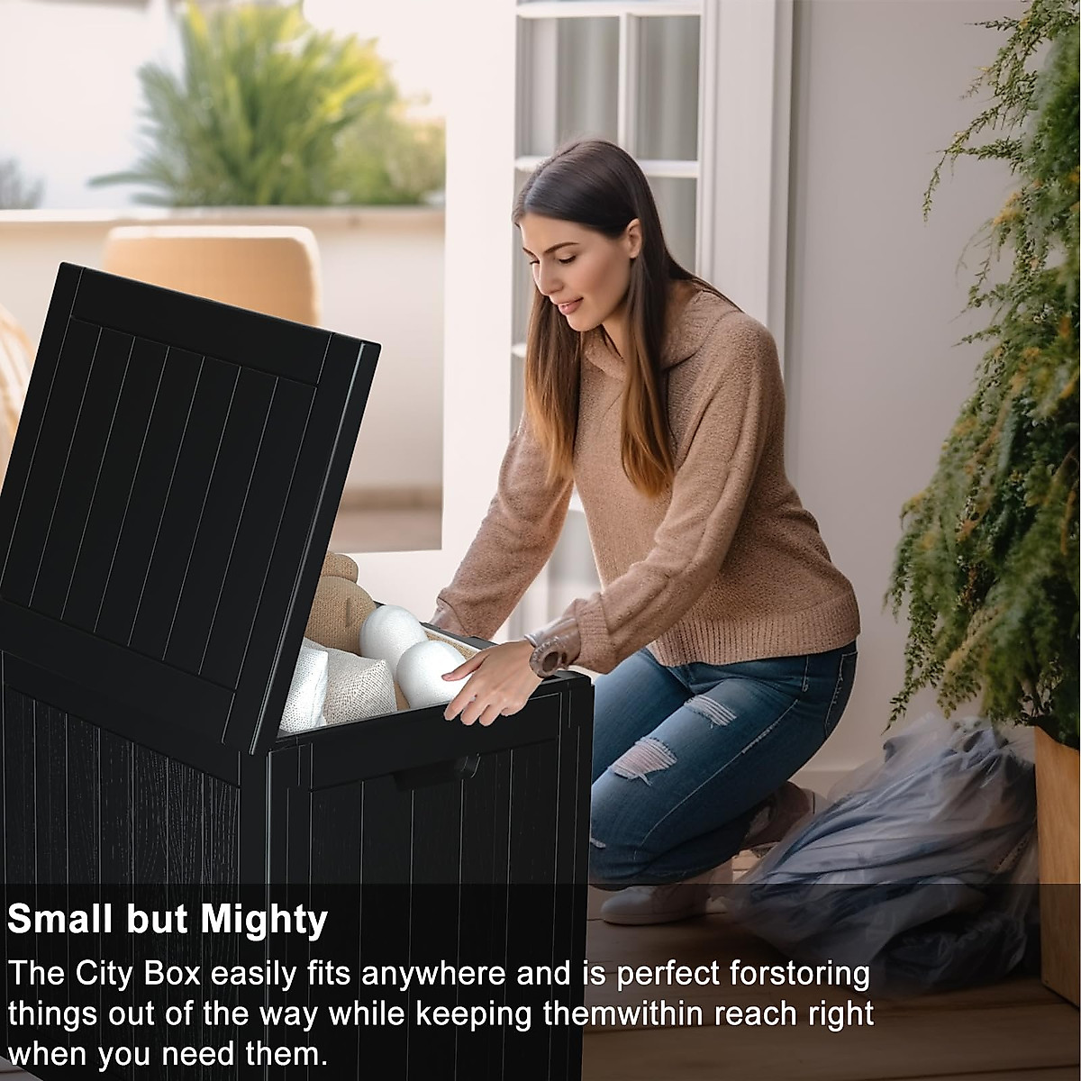 30 Gallon Waterproof Outdoor Resin Deck Box with Lockable Lid,Minimalist Wood Grain Pattern, Easy Assembly Features and Convenient Handles For Cushion, Pillows and other Patio Furniture (Black)