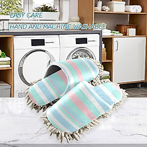 FLildon Microfiber Cleaning Slippers Aqua Pink Stripes Washable Mop Shoes Slipper for Men/Women House Floor Dust Cleaner, Size L