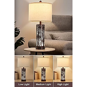YUNHONG Set of 2 Industrial Table Lamp with USB Ports,Touch Control 3-Way Dimmable Bedroom Lamp, Tree Lamp with White Shade, Brown Metal Forest Lighting for Gothic Bedroom Decor