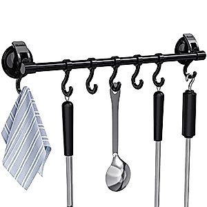 iRomic Suction Cup Hook Rack Bar Rail Hanger Shower Utensil Hook Hooks Organizer for Kitchen Utensils and Bathroom Accessories .,Black.