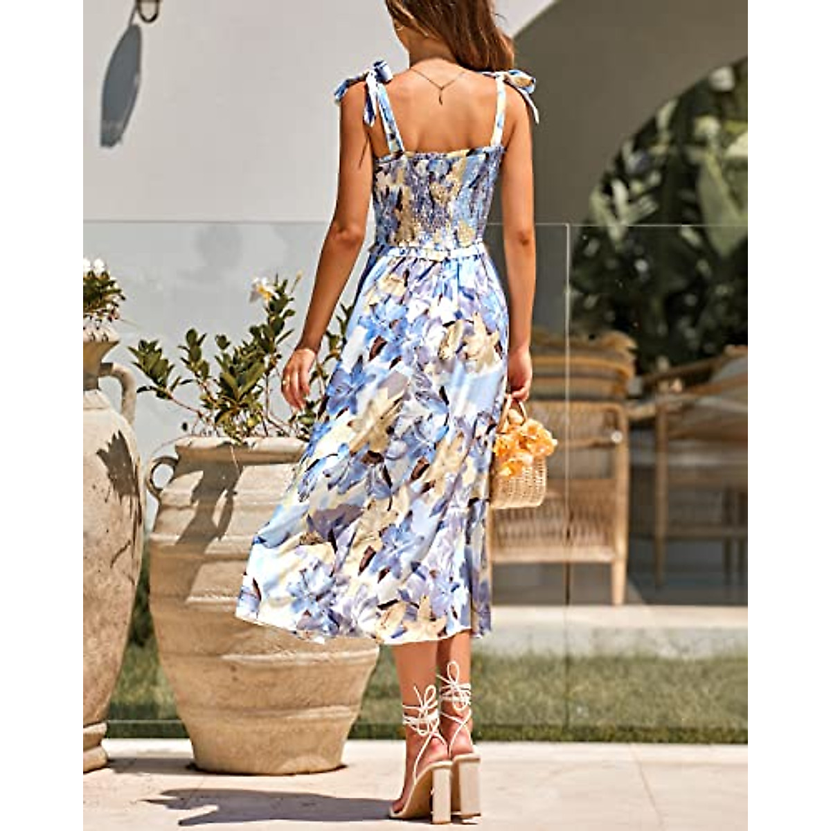 PRETTYGARDEN Women Summer Dresses 2023 Tie Strap Square Neck Smocked Ruffle Flowy Floral Print Boho Maxi Cocktail Dress(Floral White Blue,Large)