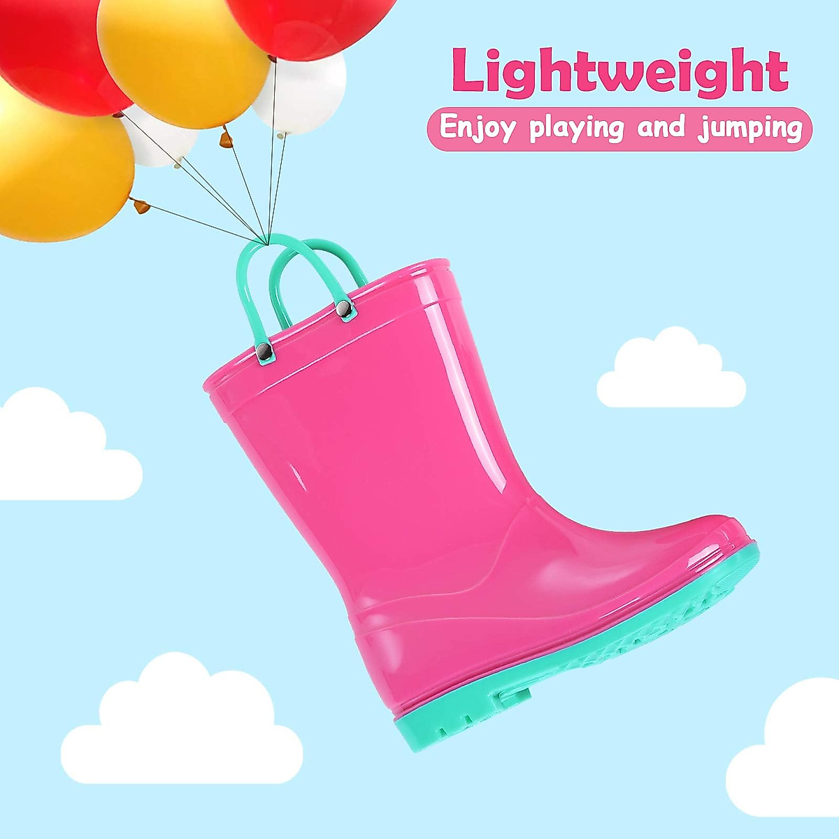 Colorxy Kids Rain Boots for Boys Waterproof Toddler Rain Boots with Easy-On Handles, Hot Pink Size Big Kid 2