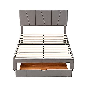 P PURLOVE Queen Size Upholstery Platform Bed with One Drawer Under Bed,Storage Upholstery Platform Bed Frame with Adjustable Headboard and Slat, No Box Spring Need
