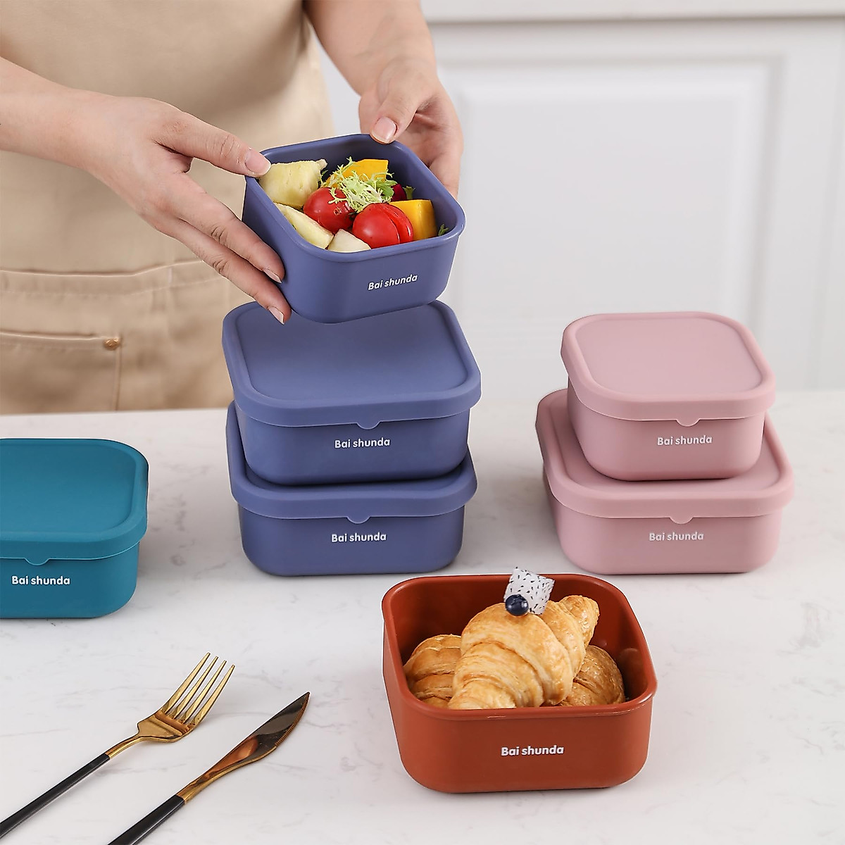 Bai shunda Silicone Food Container Set With Lid Food Bento Box Dishwasher Microwave Oven and Freezer Safe For Salads Snacks Meal Prep StorageTo-Go Sealed bowl (12.6oz + 21oz)（Purple）