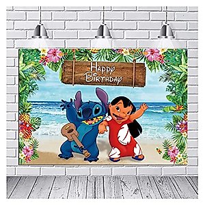 Tropical Luau Summer Beach Ocean Photo Backdrops Cartoon Photography Background for Kids Happy Birthday Dessert Table Top Summer Aloha Luau Party Decoration Banner 7x5ft