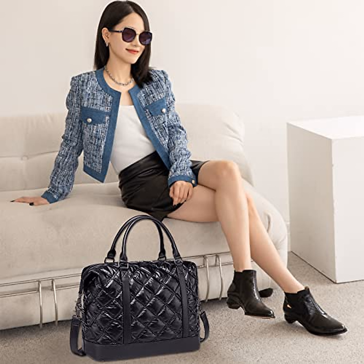 LEDAOU Weekender Travel Overnight Bag Women Ladies Quilted Carry On Tote Duffle Bag with Luggage Sleeve (Quilted Black)