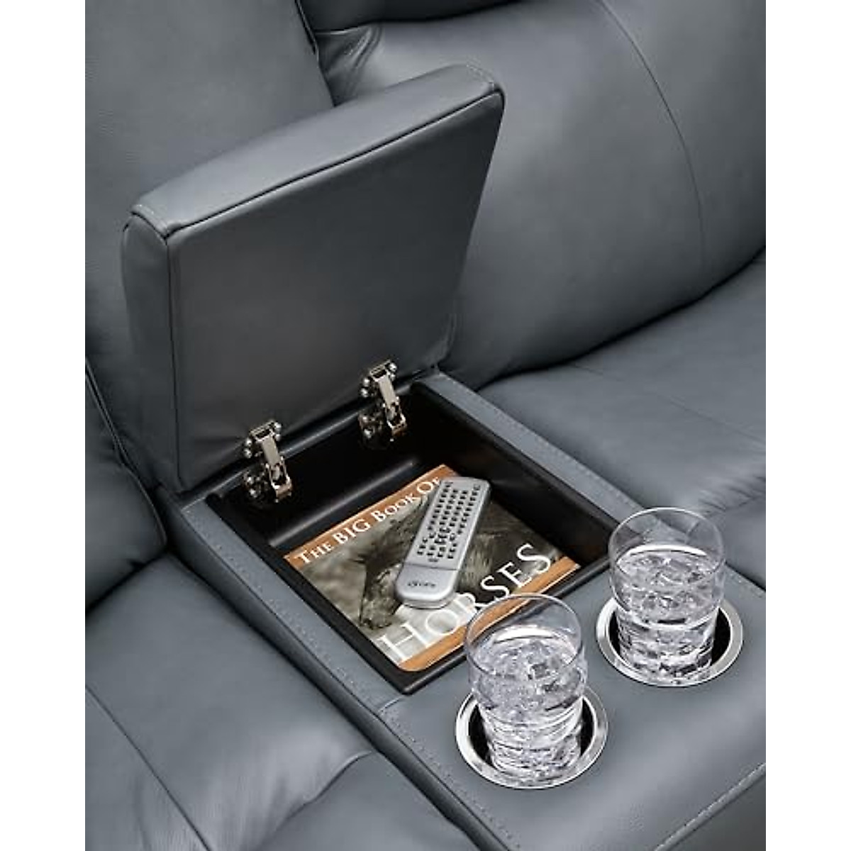 Signature Design by Ashley Mindanao Modern Leather Match Upholstered Power Reclining Loveseat with Console, USB Ports and Cup Holders, Gray