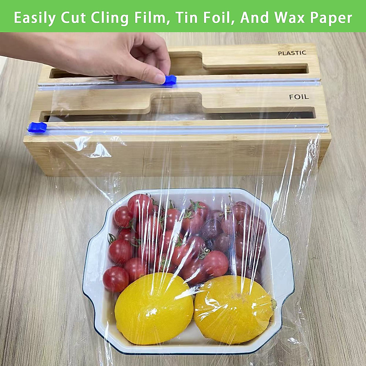 Aluminum Foil & Plastic Wrap Organizer for Kitchen Drawer|Wax Paper Wrap Dispenser with Cutter|Bamboo Roll Storage Organizer| Compatible with 12" Roll