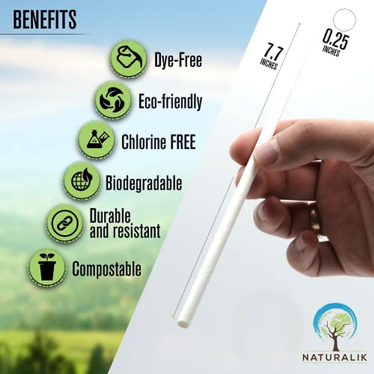 Naturalik 1000-Pack White Biodegradable Paper Straws Extra Durable Dye-Free- Premium Eco-Friendly Paper Straws Bulk - Drinking Straws for Smoothies, Restaurant drinking straws (White, 1000ct)