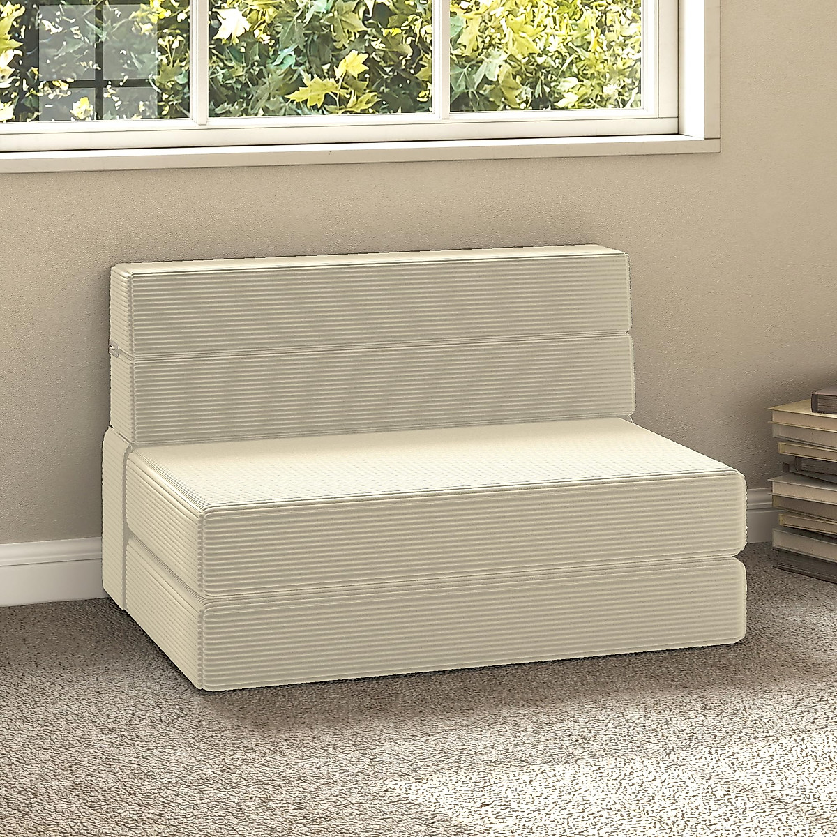 CATMIX Folding Sofa Bed, Foldable Memory Foam Couch Floor Mattress Futon, Convertible Floor Sleeper Chair with Back Support for Living Room, Bedroom, Guest Room, Corduroy (White, Twin)