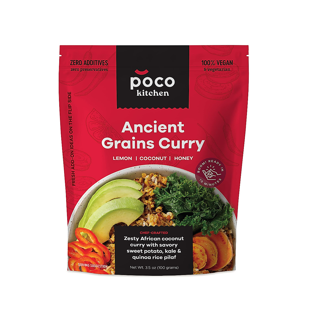 Poco Kitchen - Ancient Grains Coconut Curry, 3.5 oz (Pack of 1), Vegan, Vegetarian, 100% Real Food, No Preservatives, Shelf Stable, Quick Meal, Ready in 10 Minutes
