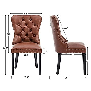 CIMOTA PU Leather Dining Chairs Set of 2, Upholstered Modern Tufted Dining Room Chairs Nailhead Trim Armless Side Chair with Solid Wood for Kitchen/Dining Room/Bedroom (Brown, Ring on The Back)