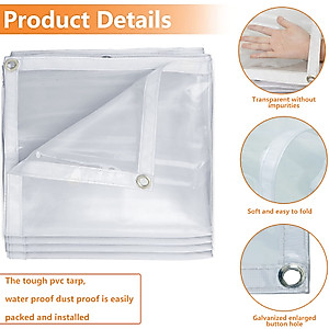 Tubtoken Clear PVC Tarpaulins 8 x 8 FT,20 Mil Heavy Duty Waterproof Wind-Proof Transparent Vinyl Tarp for Patio Pergola Garden Canopy Rainproof Anti-Tear PVC Thick Cover with Grommets(8 x 8 FT)