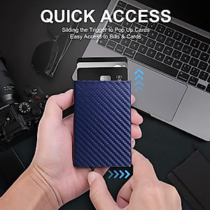 SLUKULU Slim Wallet for Men with Money Clip and Credit Card Holder, RFID Blocking Carbon Fiber Wallet,Minimalist Pop-Up Metal Front Pocket Wallet.(Blue)