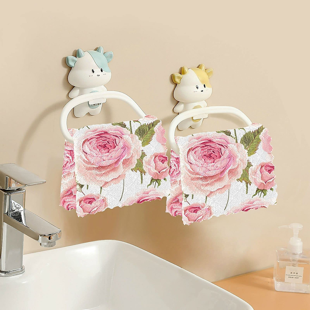 SUABO Pink Rose Flower Floral Kitchen Dishcloths, 6 Pack Dish Towels Quick Drying Tea Towels Absorbent Cleaning Towels Tableware Towel for Kitchen Bathroom