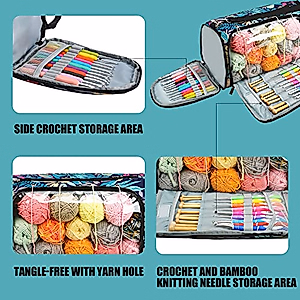 Looen Crochet Bag, Yarn Storage Tangle Free with Yarn Hole, Knitting Bag for Crochets Bamboo Knitting Needles and Yarns(Blue Leaves)
