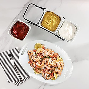 Buyajuju 3 pcs square bowl Porcelain Chip & Dip Serving Set with Black Metal Stand, 4.5inch White Small Serving Bowls for Side Dishes, Salsa, Appetizer, Serving Dishes for Entertaining