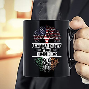 American Grown With Irish Roots Mug, Retro Irish Flag, St Patricks Day Mug Gifts, Irishman, Christmas, Birthday Gifts Black Coffee Mug
