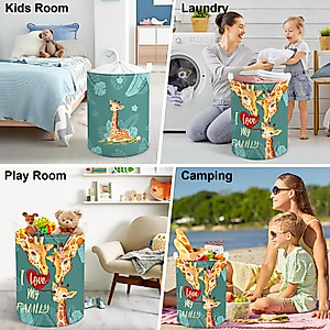 Clastyle 45L Large Green Giraffe Family Kid Laundry Hamper with Handle Collapsible Animal Love Clothes Toy Storage Basket with Lid for Nursery