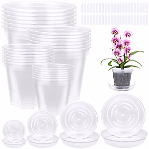 Ioffersuper 18-Pack Nursery Pots Clear Pots with 18 Tray, 4 Sizes Plastic Pots for Transplant and Seedlings Starter Plants Planting Pots, 100 Pcs of Plant Labels